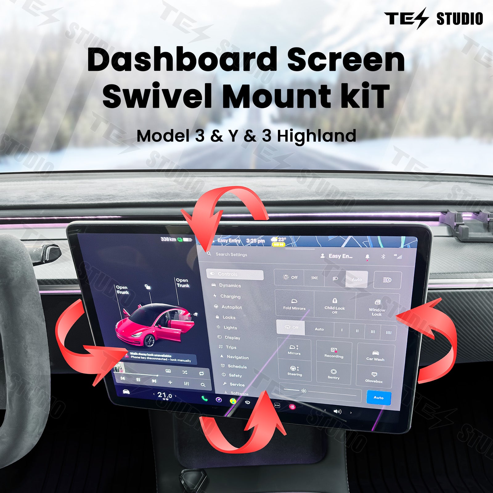 Tesla Model 3/Y/3 Highland Dashboard Swivel Mount Kit Center Screen ...